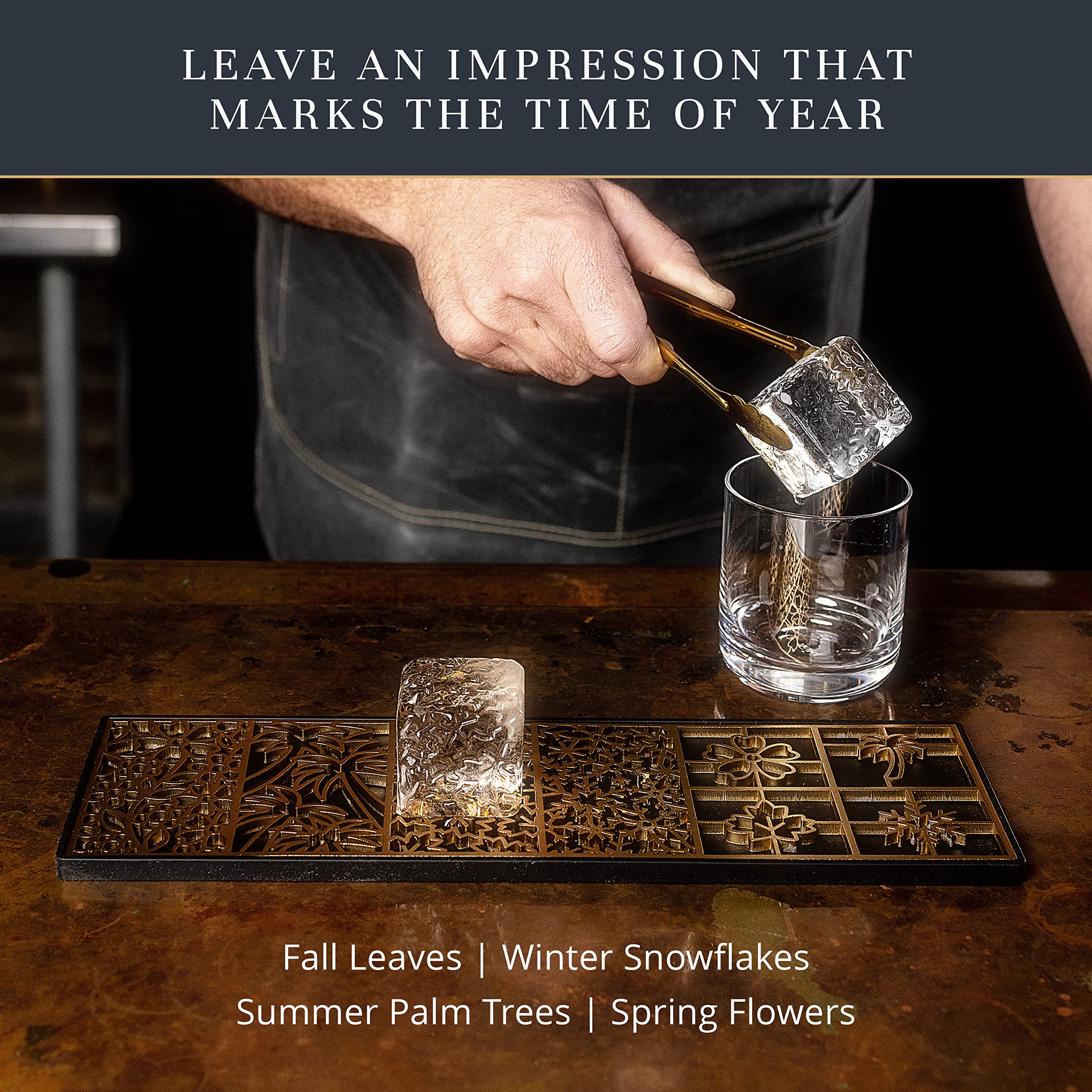 Clear Ice Cube Maker Design Tray - Craft Modern Ice Molds for Bourbon & Cocktails in 5 Seconds - Whiskey Mold Cube Stamp β Bartender Accessories - Copper Ice Press Cocktails by Ash Harbor (Seasons)