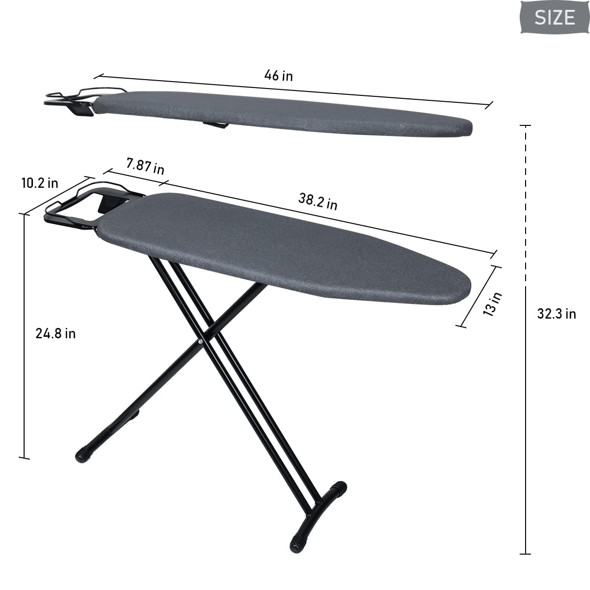 Duwee 13"x38" Ironing Board with Heat Resistant Cover and Thicken Felt Pad, Folding Adjustable Height Large Ironing Board,Heavy Sturdy Legs,Black