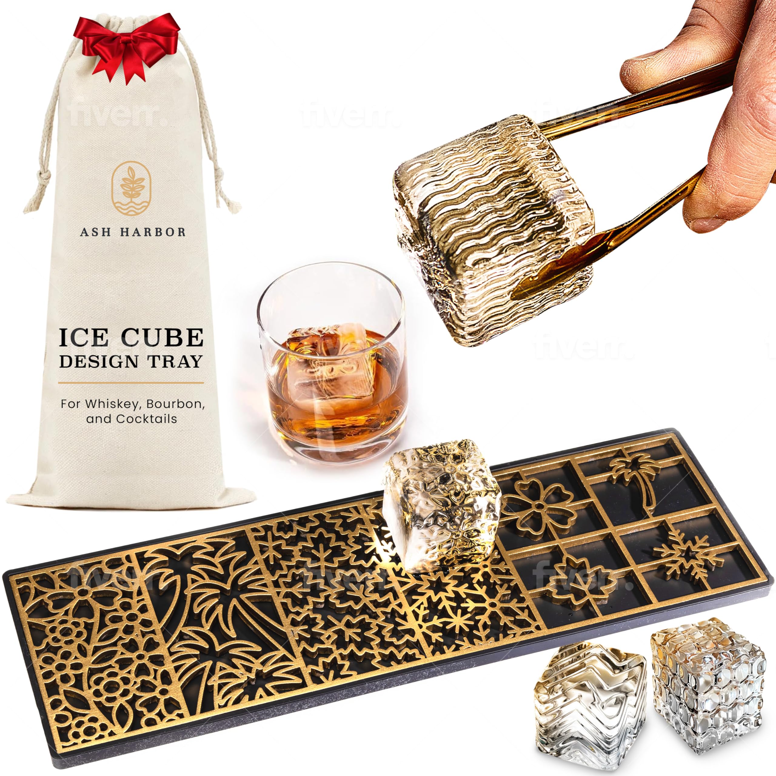 Clear Ice Cube Maker Design Tray - Craft Modern Ice Molds for Bourbon & Cocktails in 5 Seconds - Whiskey Mold Cube Stamp – Bartender Accessories - Copper Ice Press Cocktails by Ash Harbor (Seasons)
