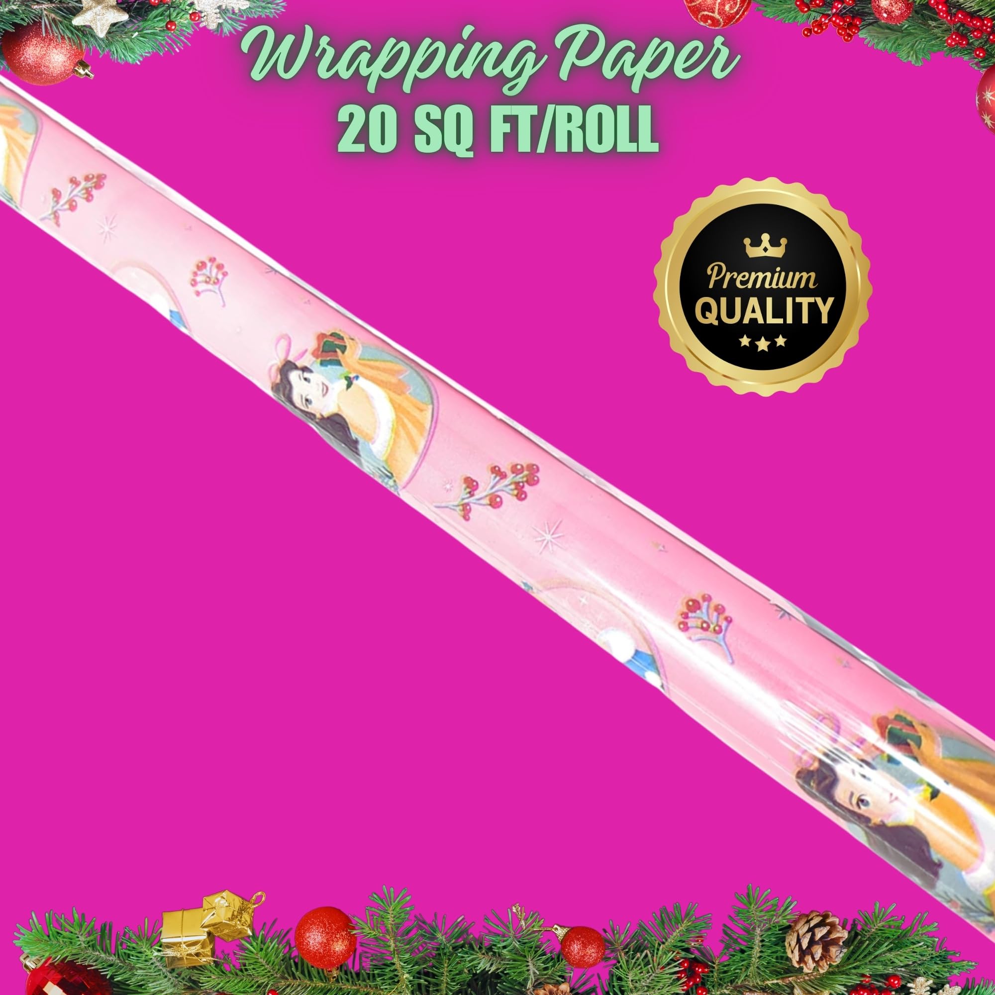 Ja'cor Pink Princesses Christmas Wrapping Paper 1 Roll 20 Sq Ft, Gift Wrap for Birthday Holiday Thanksgiving All Ocassion Presents Party Supplies Bundle with 1-Mini Wrapping Paper Cutter