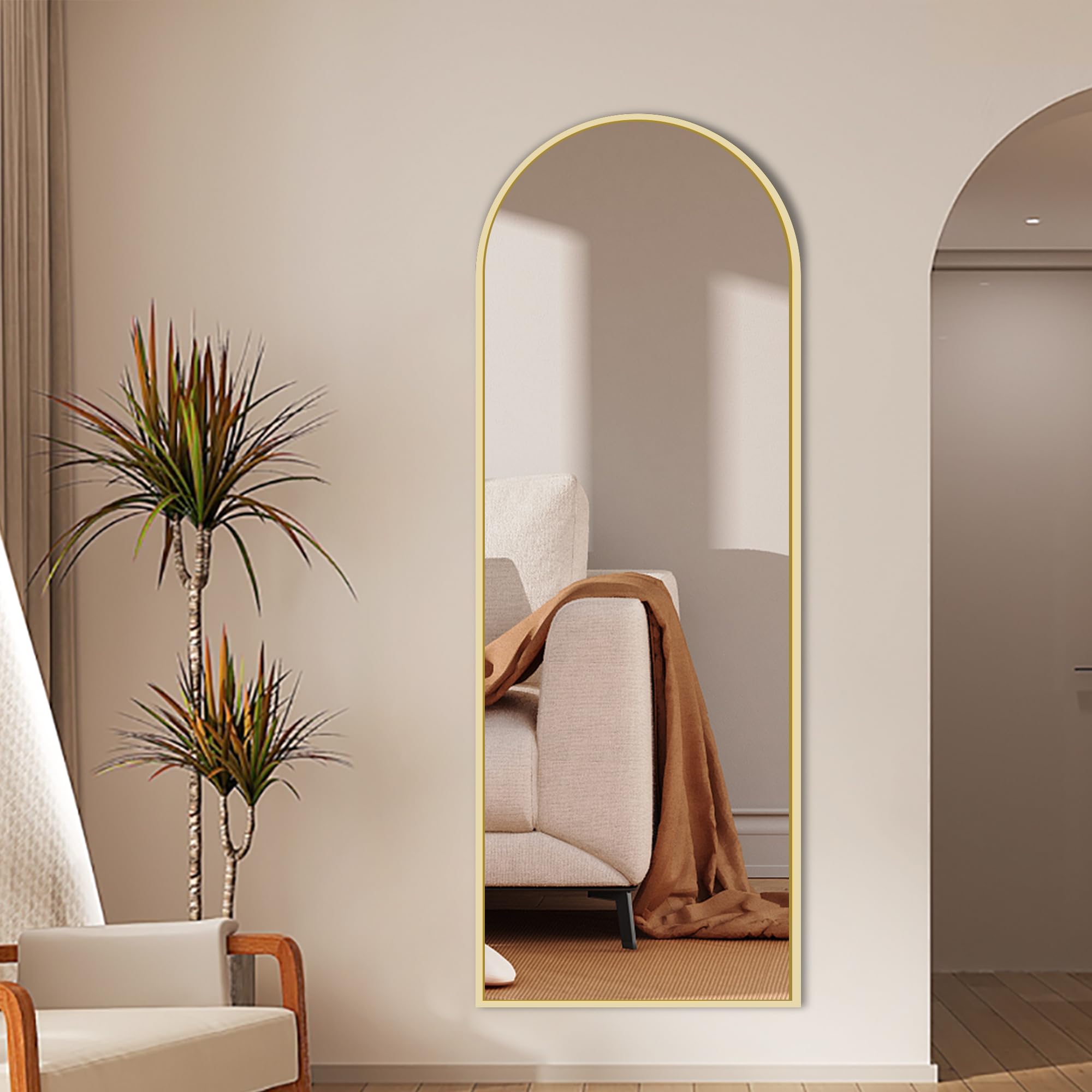 NISHCON Arched Full Length Mirror 64"x21", Gold Frame Floor Mirror with Stand, Free Standing Wall Mounted Leaning Mirror, Full Body Mirror for Bedroom Living Room Vanity Entryway Dressing