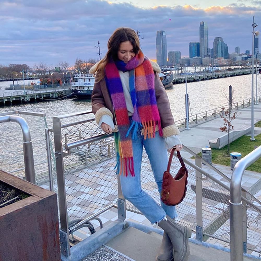 OUNIYA Large Chunky Plaid Scarf Checked Colorful Oversized Scarves Soft Big Cashmere Wool Thick Winter Warm Blanket Women (rainbow)