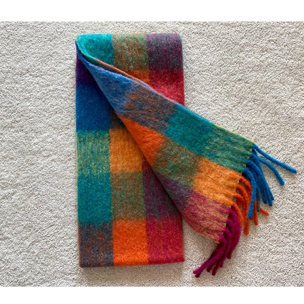 OUNIYA Large Chunky Plaid Scarf Checked Colorful Oversized Scarves Soft Big Cashmere Wool Thick Winter Warm Blanket Women (rainbow)
