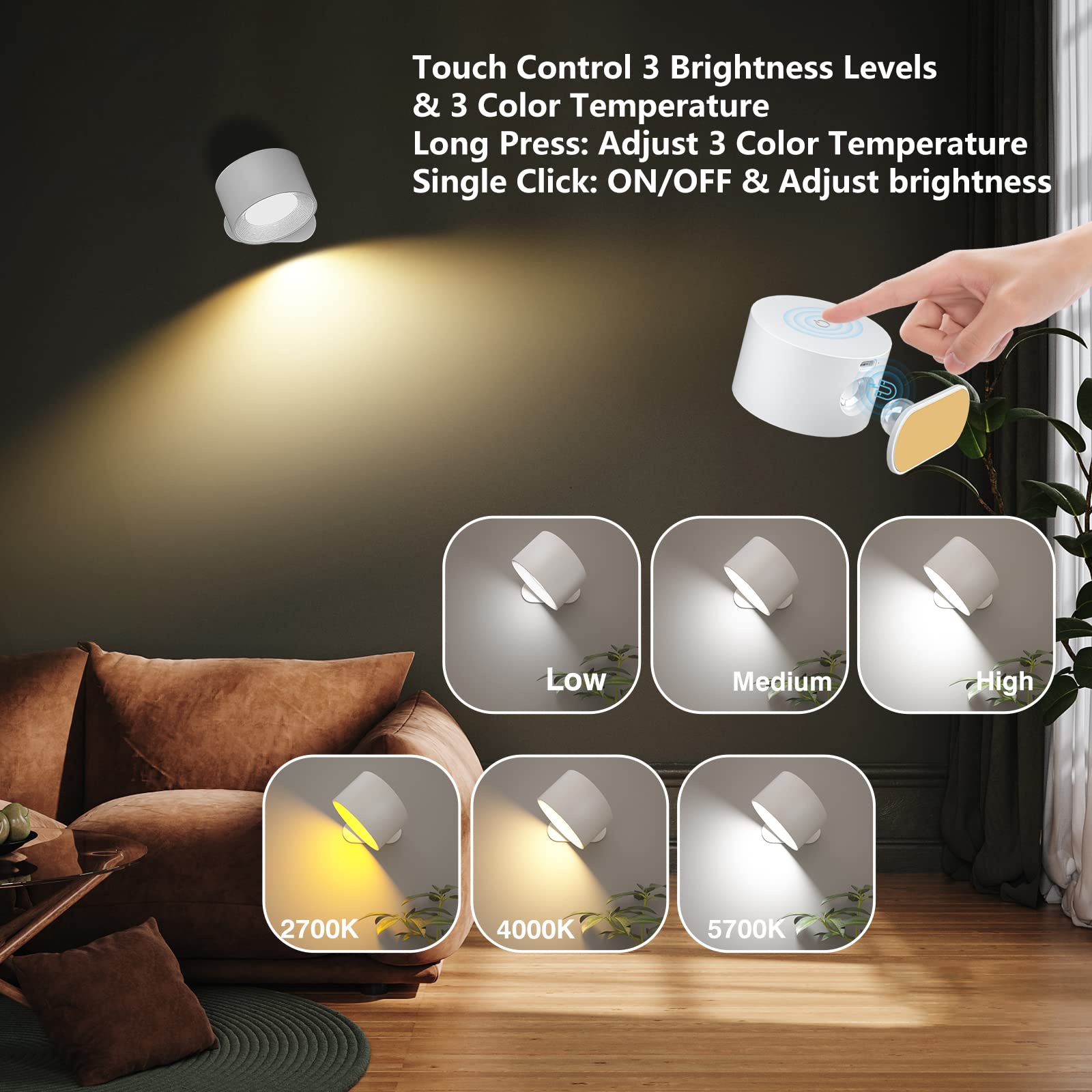 Kitloo Wall Light, Battery Operated Lights Rechargeable Wall Sconce with 360° Free Rotate Magnetic Ball, 3 Brightness Levels&3 Color Temperatures Wall Lamp for Bedroom