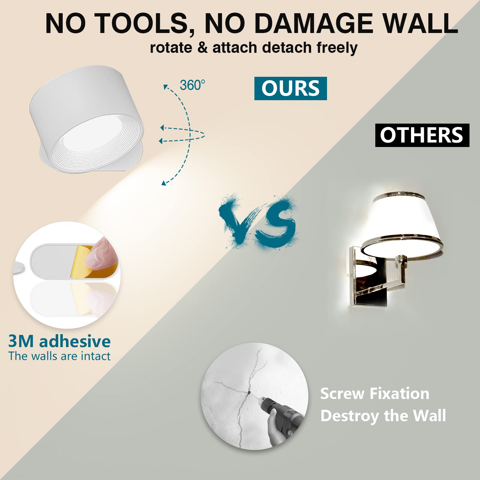 Kitloo Wall Light, Battery Operated Lights Rechargeable Wall Sconce with 360° Free Rotate Magnetic Ball, 3 Brightness Levels&3 Color Temperatures Wall Lamp for Bedroom