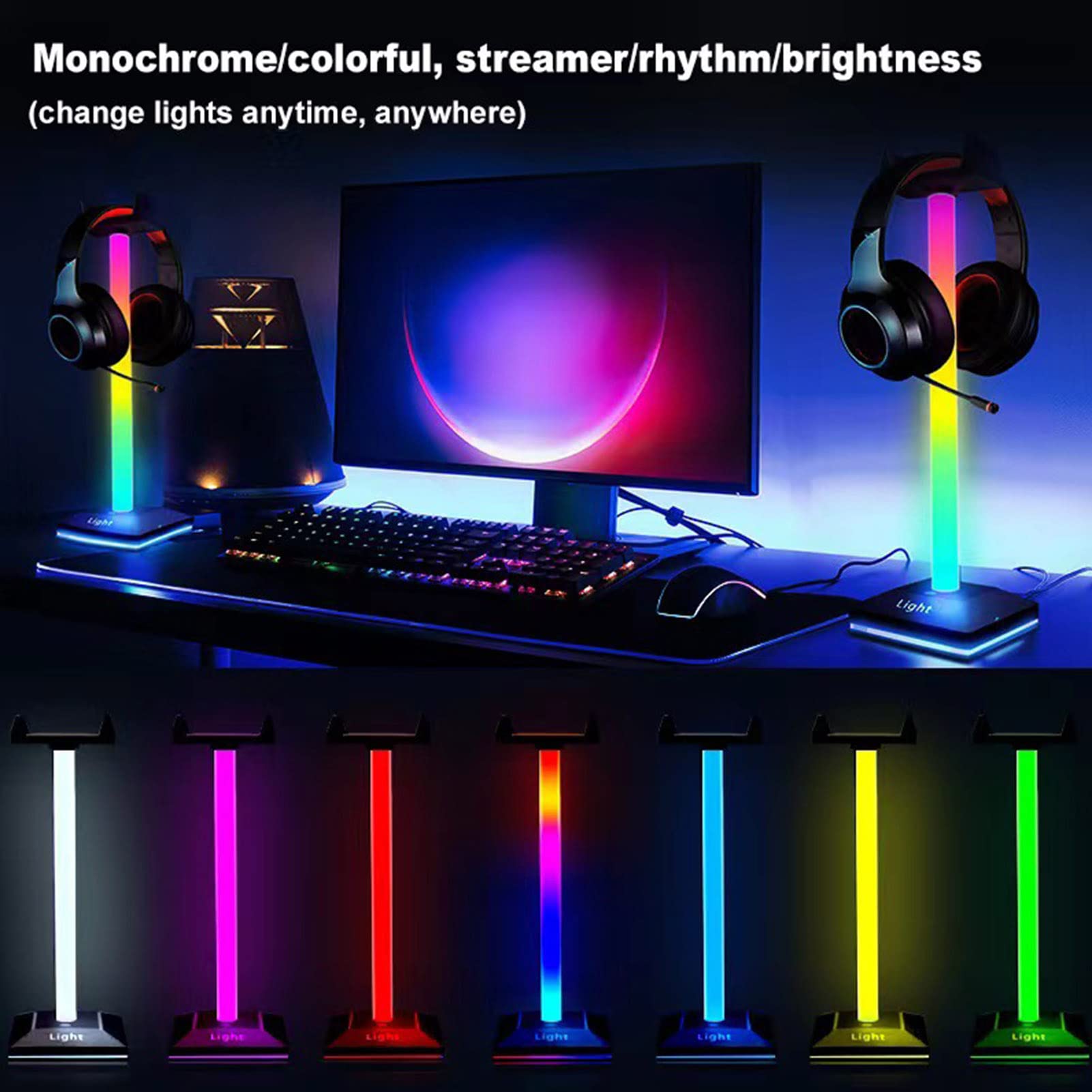 MOCIUN USB Gaming Desktop Headphone Display Stand, RGB Gaming Headphone Stand with Usb2.0 Hub and 3.5mm Port Audio T-ouch Control Led Strip Lamp (A)