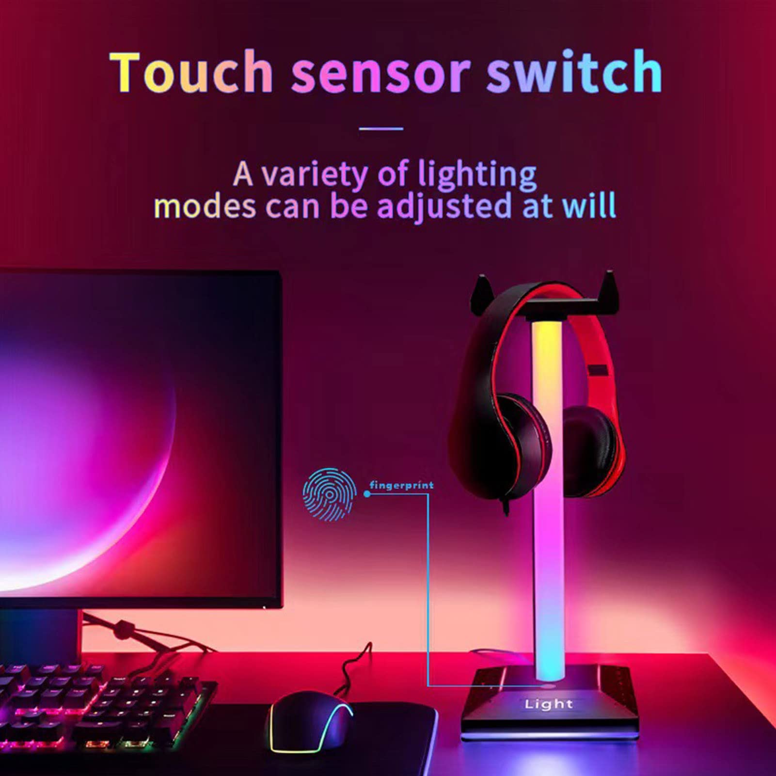 MOCIUN RGB Gaming Headphone Stand, Headset Gaming Headset Stand with Usb2.0 Hub and 3.5mm Port Audio T-ouch Control Led Strip Lamp Backlight Computer Desktop Display Holder USB Port (A)