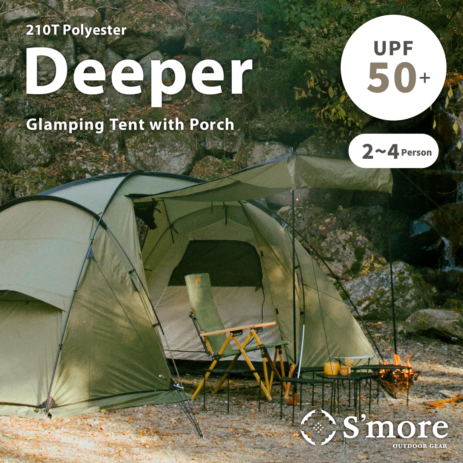 S'more Deeper Glamping Tent with Porch, 2/3/4/5/6 Person Durable Weatherproof Camping Tent, Large Family Tent with Room Divider, Easy Setup Tent with Screen Room