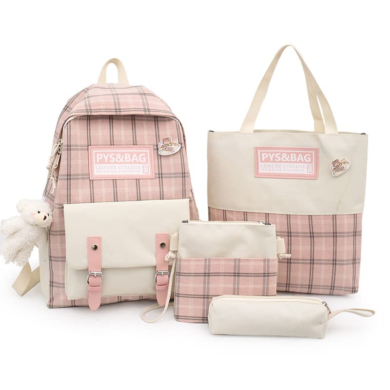 4pcs Aesthetic Backpack Set with Large Capacity, Back to School Canvas Kawaii Backpack Set for Young (Pink)