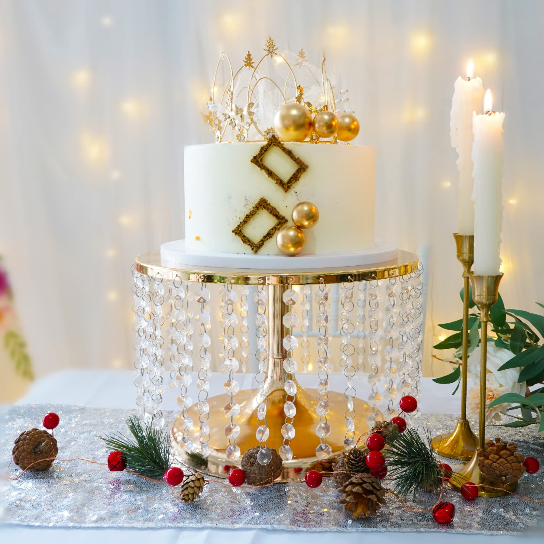 LANLONG Cake Stand for Dessert Table 12 Inch Gold Crystal Pendants Metal Cake Stand Serves as A Round Dessert Cupcake Display Plate for Table, Wedding, Party, Event