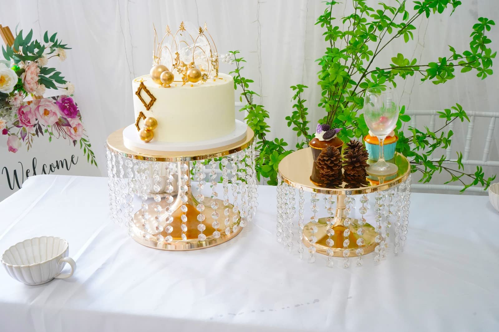 LANLONG Cake Stand for Dessert Table 12 Inch Gold Crystal Pendants Metal Cake Stand Serves as A Round Dessert Cupcake Display Plate for Table, Wedding, Party, Event