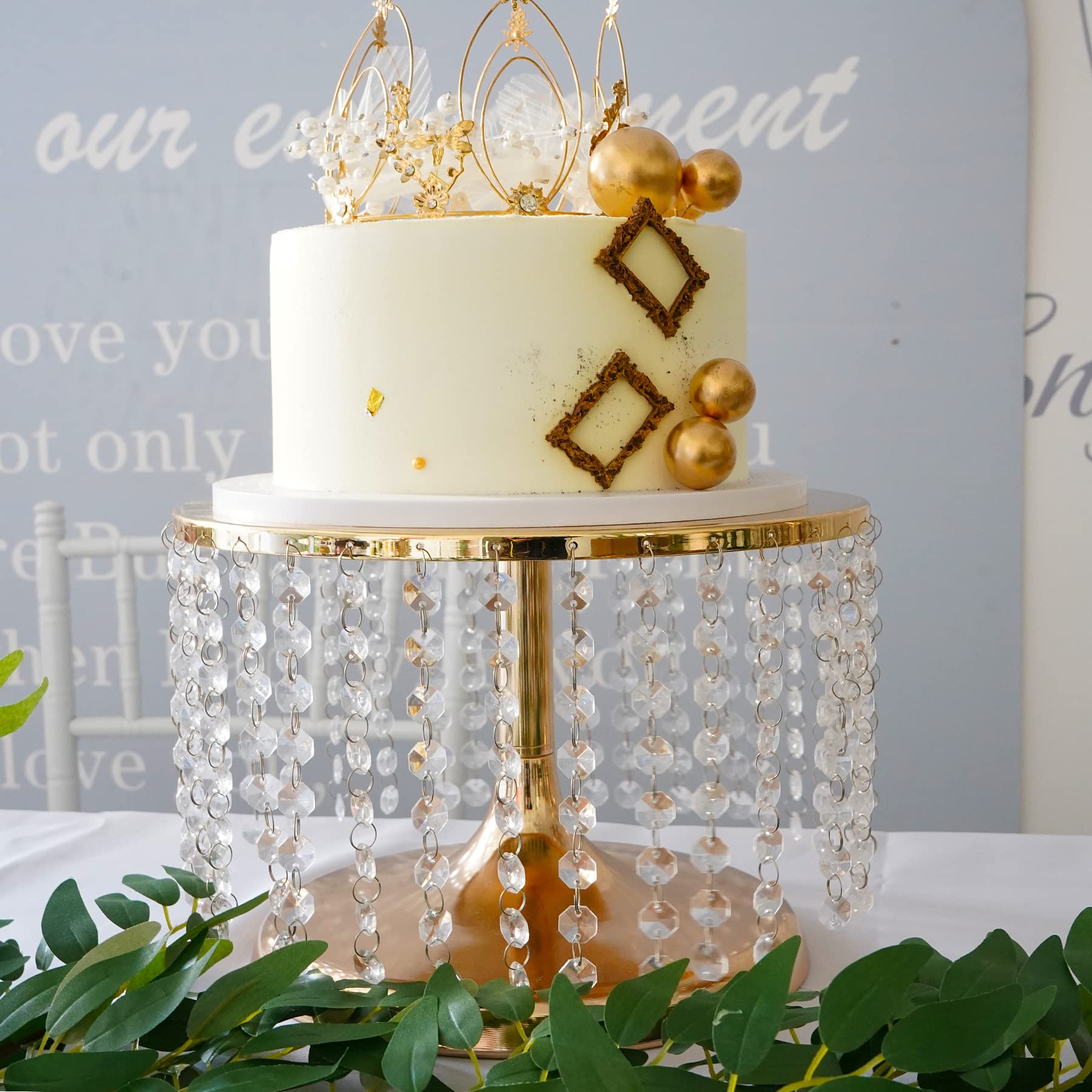 LANLONG Cake Stand for Dessert Table 12 Inch Gold Crystal Pendants Metal Cake Stand Serves as A Round Dessert Cupcake Display Plate for Table, Wedding, Party, Event