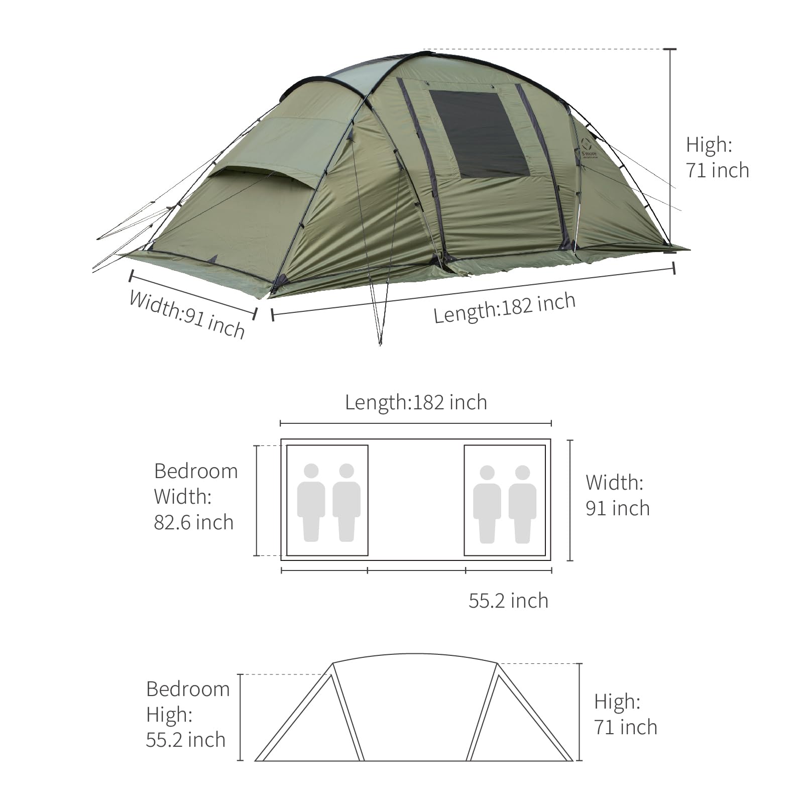 S'more Deeper Glamping Tent with Porch, 2/3/4/5/6 Person Durable Weatherproof Camping Tent, Large Family Tent with Room Divider, Easy Setup Tent with Screen Room