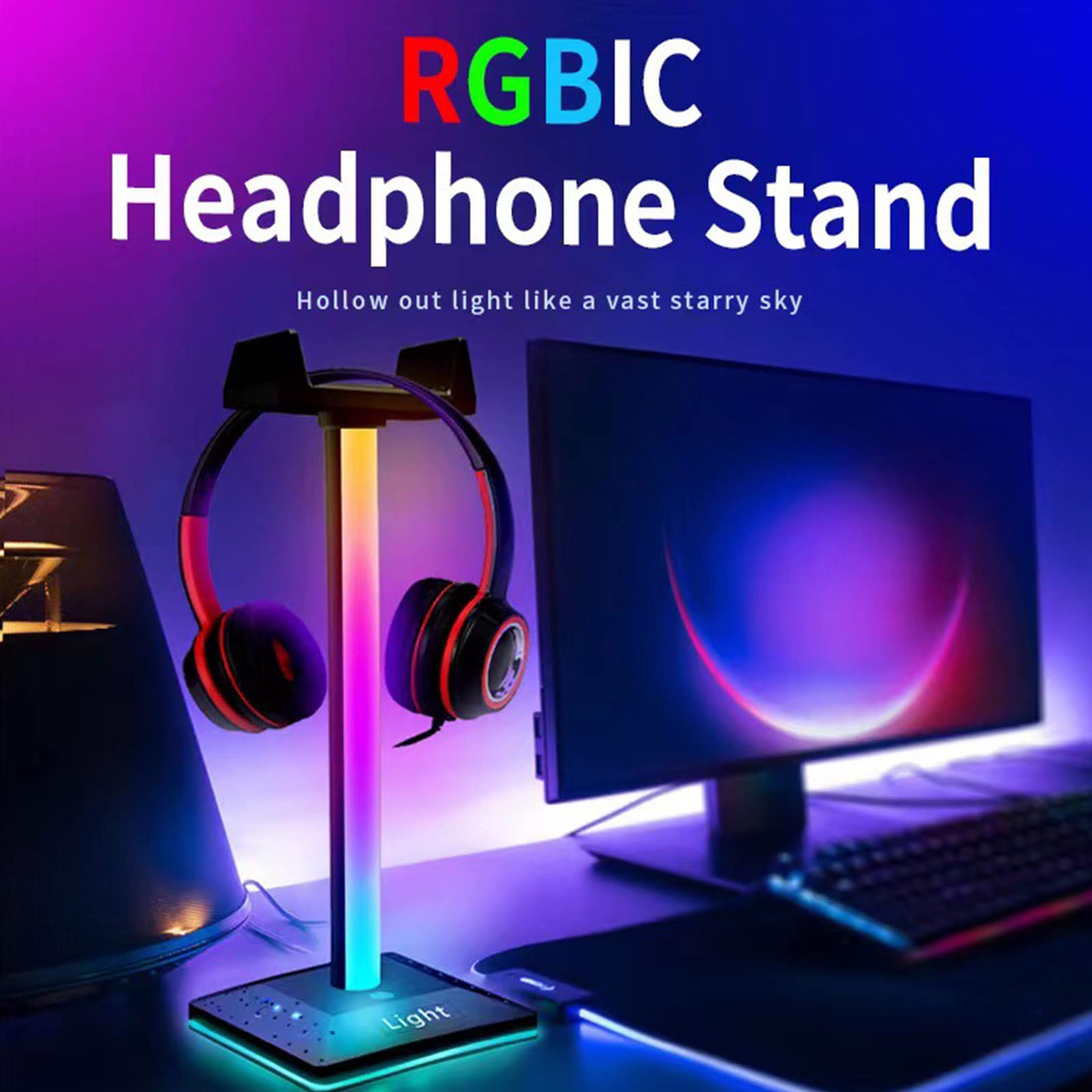 MOCIUN RGB Gaming Headphone Stand, Headset Gaming Headset Stand with Usb2.0 Hub and 3.5mm Port Audio T-ouch Control Led Strip Lamp Backlight Computer Desktop Display Holder USB Port (A)