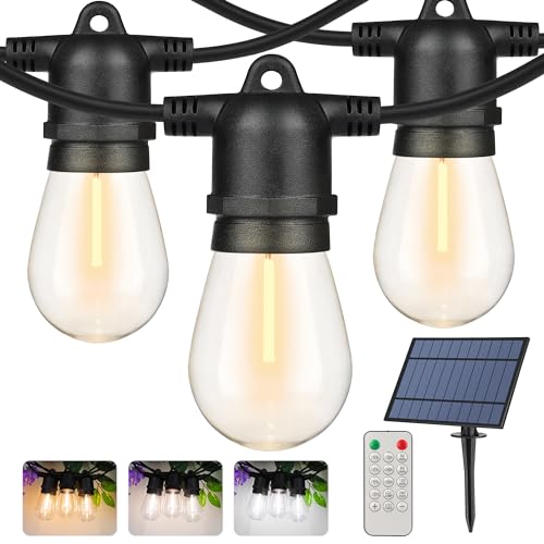 WENFENG Solar Outdoor String Lights, 3 Colors Patio String Light with 27FT Waterproof String, S14 Bulbs, Dimmable LED Solar String Lights for Patio
