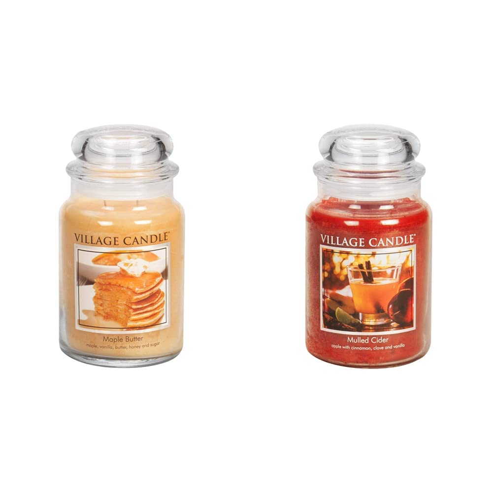 Village Candle Maple Butter Large Glass Apothecary Jar Scented Candle, 21.25 oz, Yellow & Mulled Cider Large Glass Apothecary Jar Scented Candle, 21.25 oz, Red