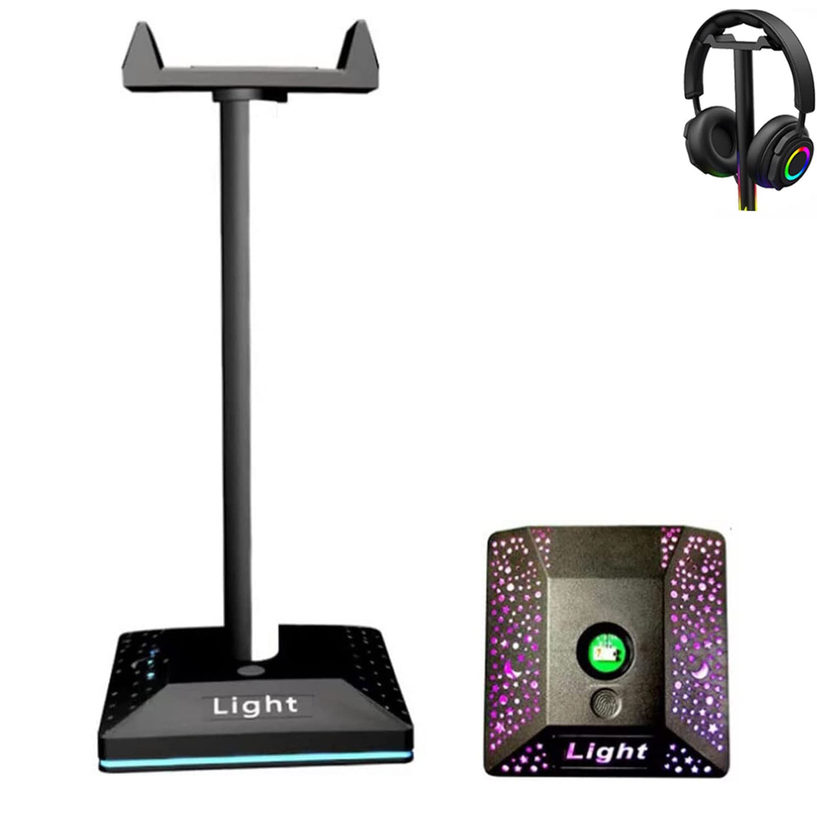 MOCIUN RGB Gaming Headphone Stand, Headset Gaming Headset Stand with Usb2.0 Hub and 3.5mm Port Audio T-ouch Control Led Strip Lamp Backlight Computer Desktop Display Holder USB Port (A)