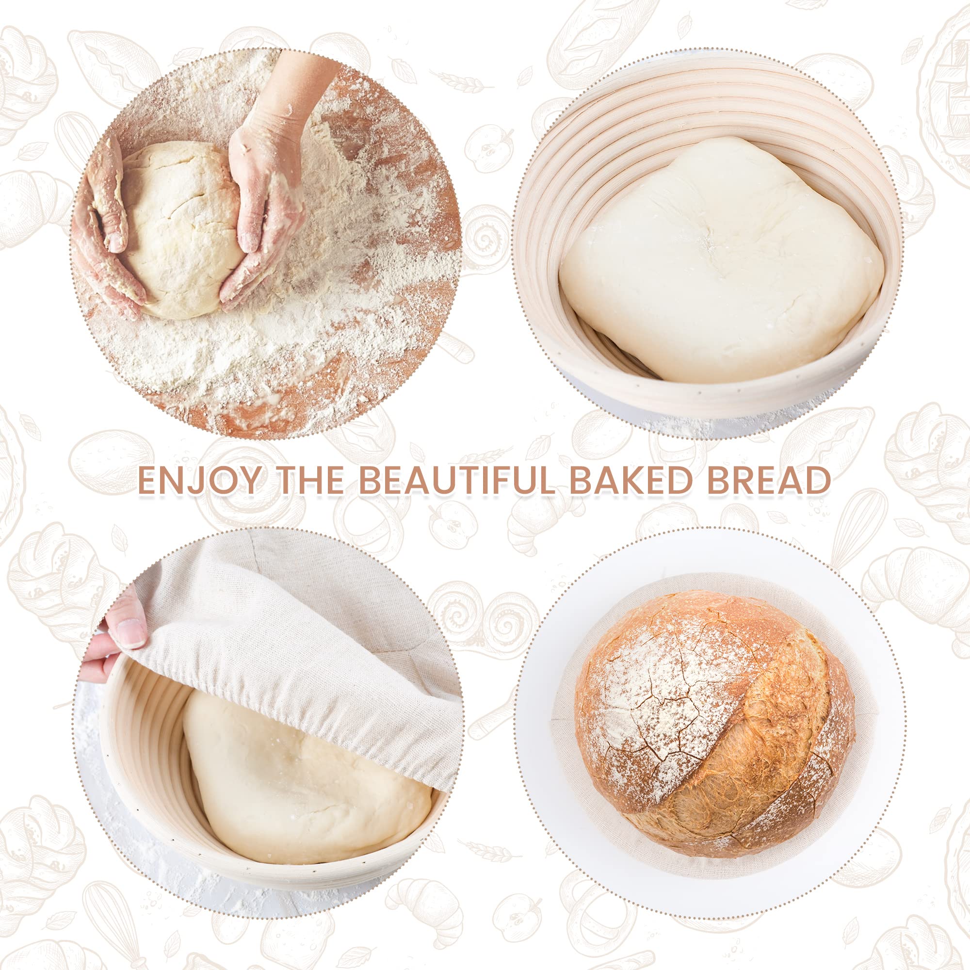 Komiikka Bread Proofing Baskets Set of 2, Sourdough Bread Making Supplies Starter Kit, Bread Making Tools, Proofing Basket for Bread baking, Banneton Basket Gift Set (8.5inch, Round)