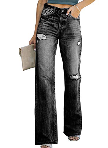 Dokotoo Fashion High Waisted Flare Jeans for Women Ripped Row Hem Solid Basic Vintage Distressed Wide Leg 90's Denim Pants Black Size US 14