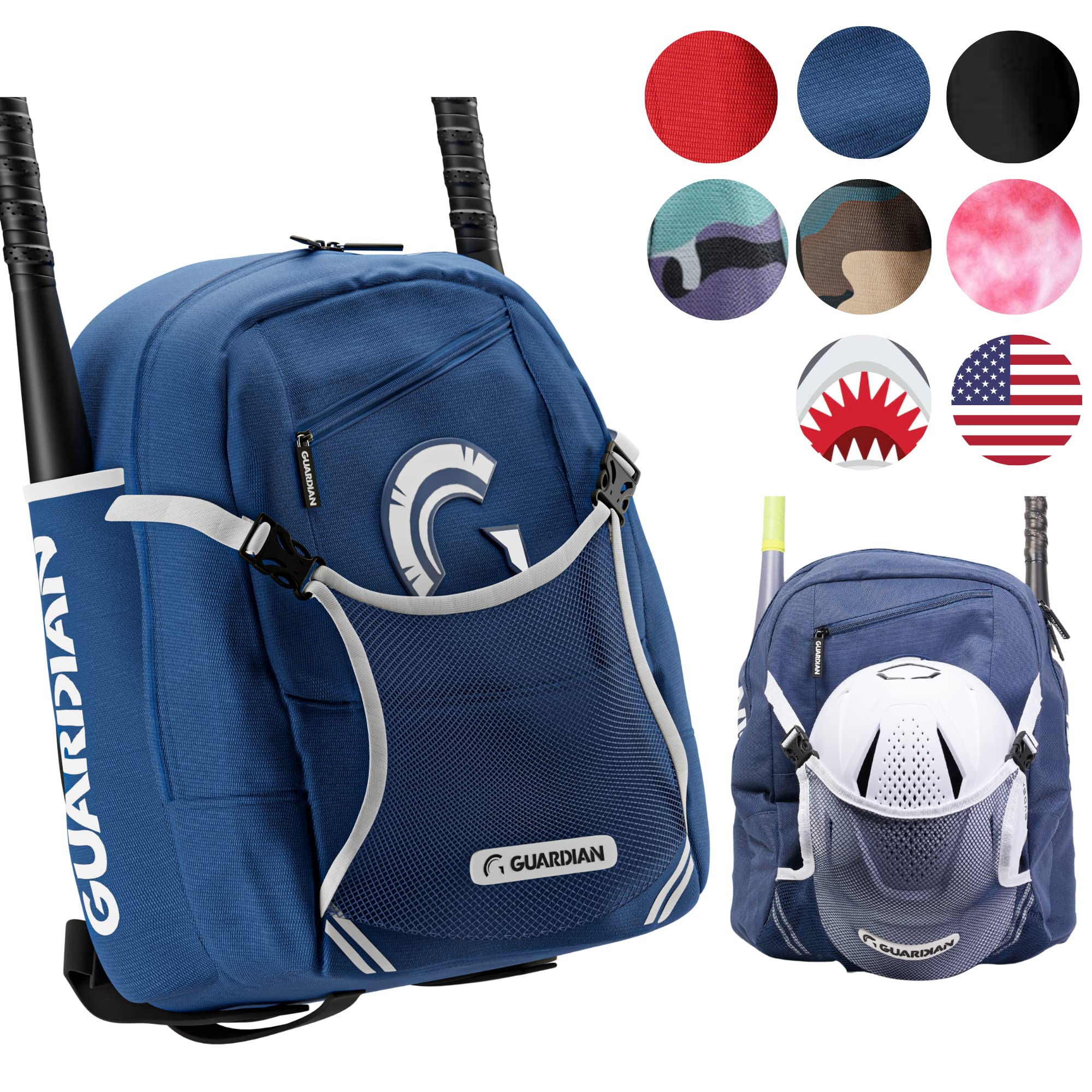 Guardian Baseball Backpack for Youth, Softball Bag for Girls, Durable Bat Bags Baseball Youth Boys and Girls, TBall Bag – Includes Hook to Hang on Fence - Navy/White