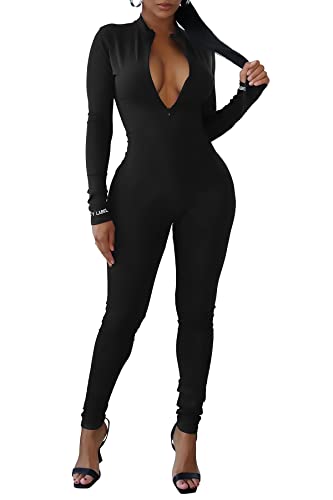 PRETTYGARDEN Women's Sexy Bodycon Jumpsuit Long Sleeve Zipper One Piece Romper Outfits Clubwear (Black,Large)