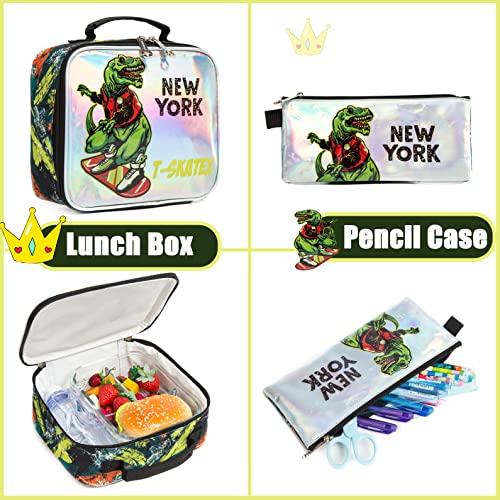 Rolling Backpack for Girls Boys Wheels Backpacks for Kids Luggage Trolley School Backpack with Lunch Box and Pencil Case for Elementary Preschool Students Dinosaur