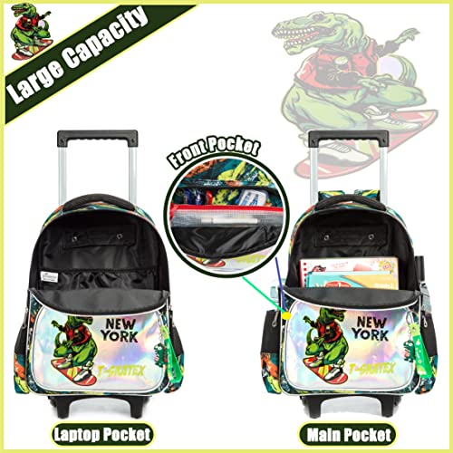 Rolling Backpack for Girls Boys Wheels Backpacks for Kids Luggage Trolley School Backpack with Lunch Box and Pencil Case for Elementary Preschool Students Dinosaur
