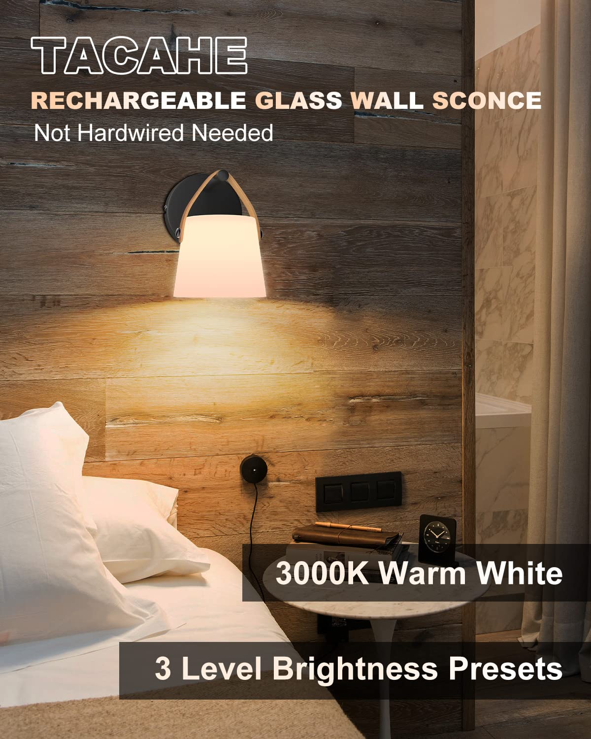 TACAHE Battery Operated Wall Sconce with Glass Shade - 3000K Warm White & 3 Brightness Setting - 4000 mAh Rechargeable Battery - Not Hardwired Needed - Wall Accent Night Light for Bedroom - Black