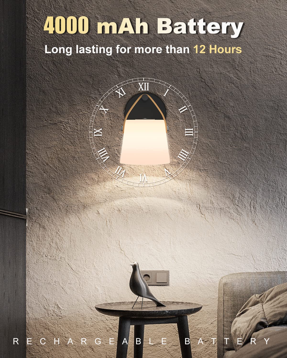 TACAHE Battery Operated Wall Sconce with Glass Shade - 3000K Warm White & 3 Brightness Setting - 4000 mAh Rechargeable Battery - Not Hardwired Needed - Wall Accent Night Light for Bedroom - Black