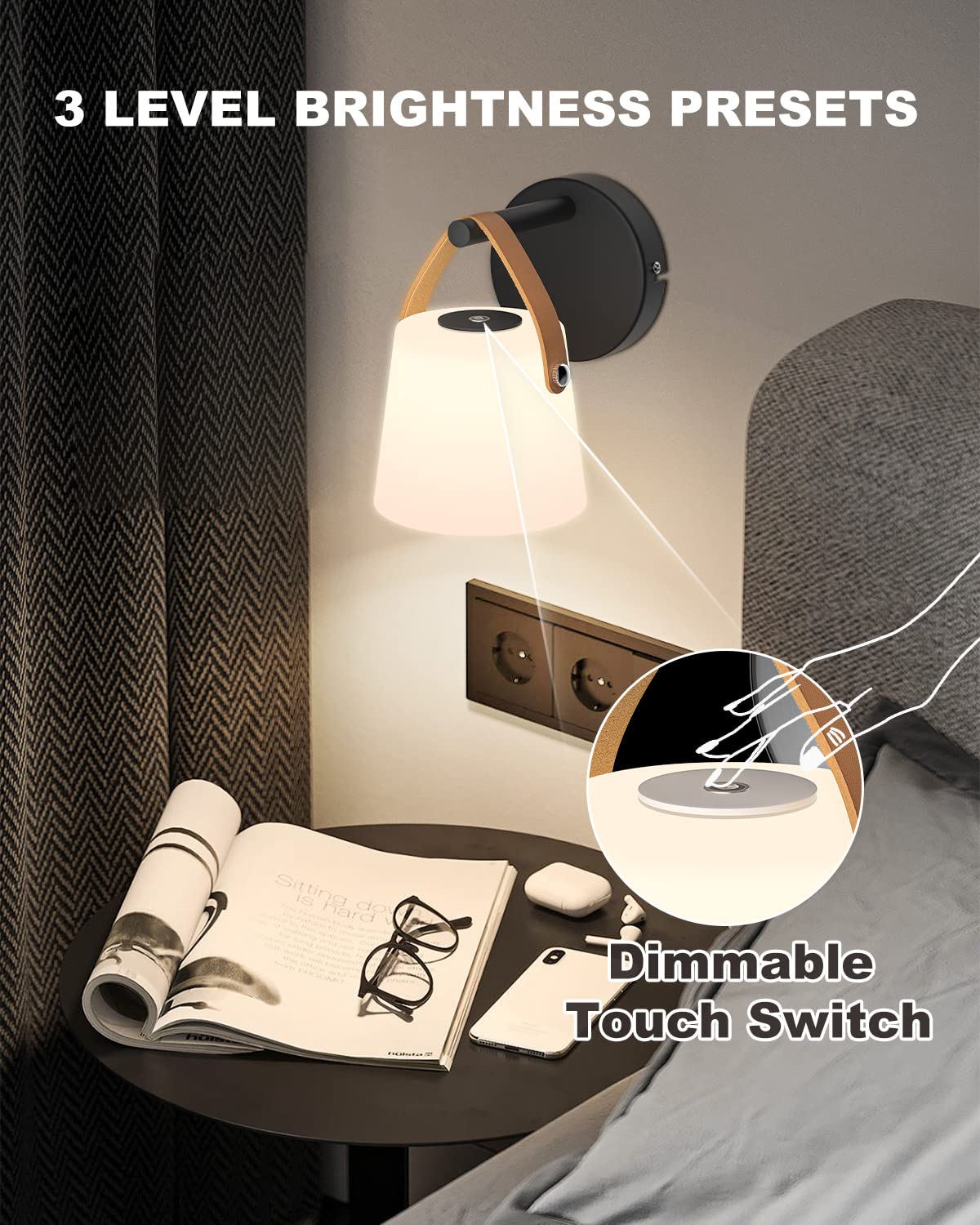 TACAHE Battery Operated Wall Sconce with Glass Shade - 3000K Warm White & 3 Brightness Setting - 4000 mAh Rechargeable Battery - Not Hardwired Needed - Wall Accent Night Light for Bedroom - Black