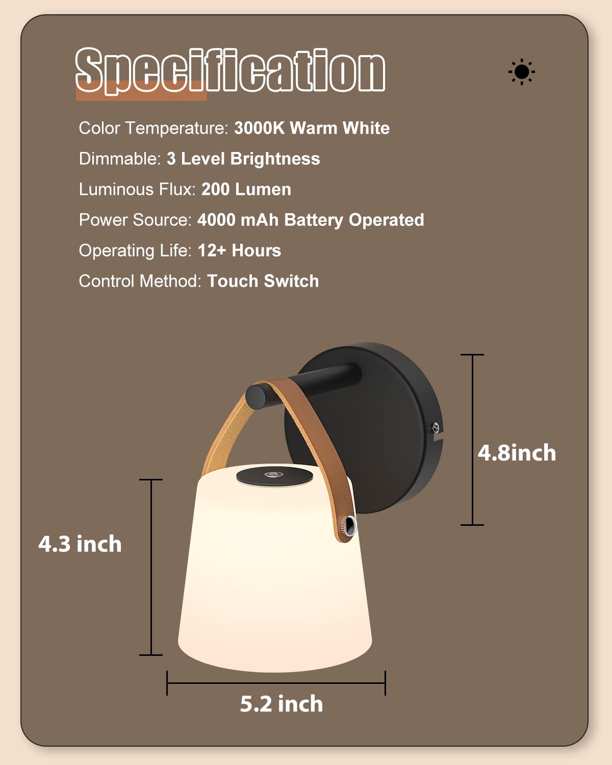 TACAHE Battery Operated Wall Sconce with Glass Shade - 3000K Warm White & 3 Brightness Setting - 4000 mAh Rechargeable Battery - Not Hardwired Needed - Wall Accent Night Light for Bedroom - Black