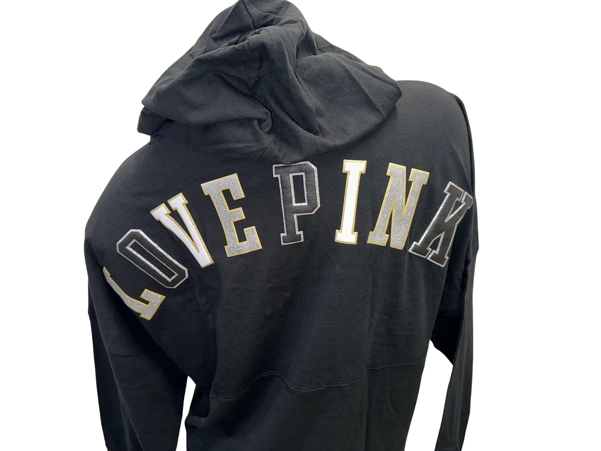 Victoria's Secret Pink Cotton Oversize Pullover Glitter Hoodie Tee/Shirt Color Black Shine Size Medium New