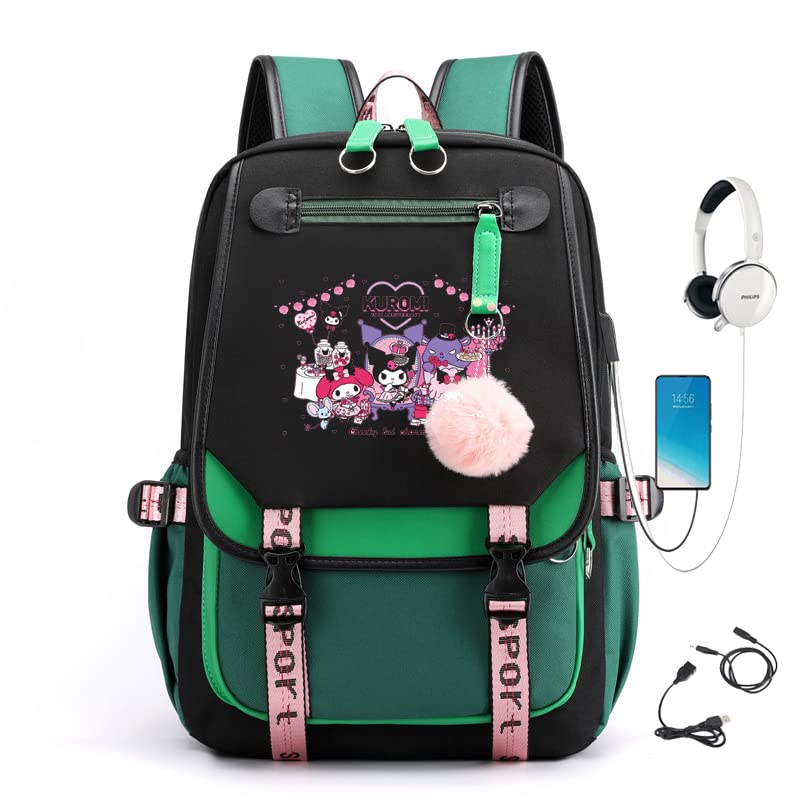 Kawaii Cute Girls Backpack University Students Bookbag Outdoor Daypack with USB Charge Port Travel Backpacks (Dark Green)