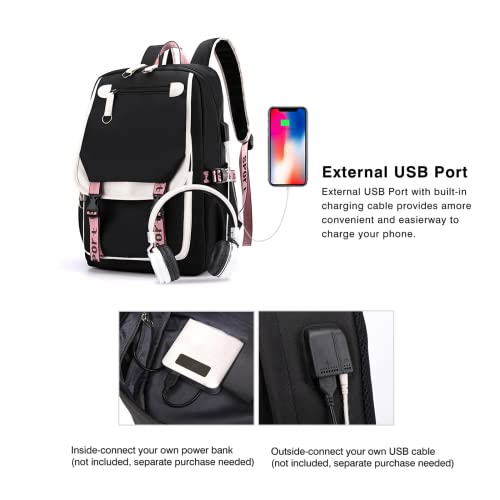 Kawaii Cute Girls Backpack University Students Bookbag Outdoor Daypack with USB Charge Port Travel Backpacks (Dark Green)