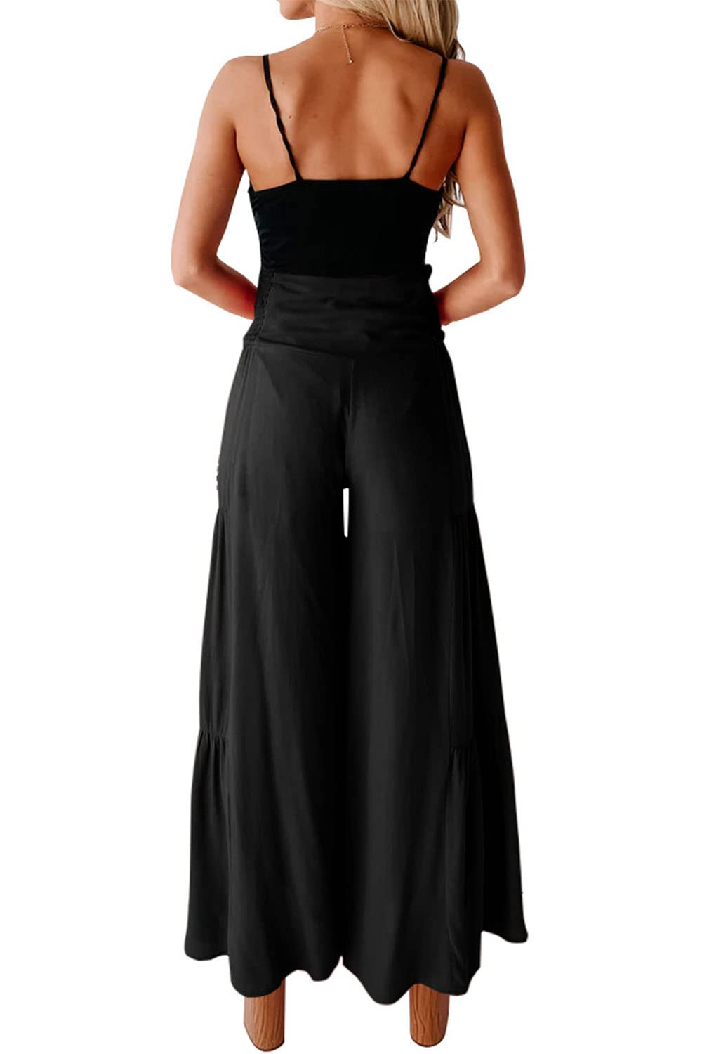 PRETTYGARDEN Women's Casual Long Palazzo Pants Elastic High Waist Wide Leg Loose Lounge Trousers (Black,Medium)