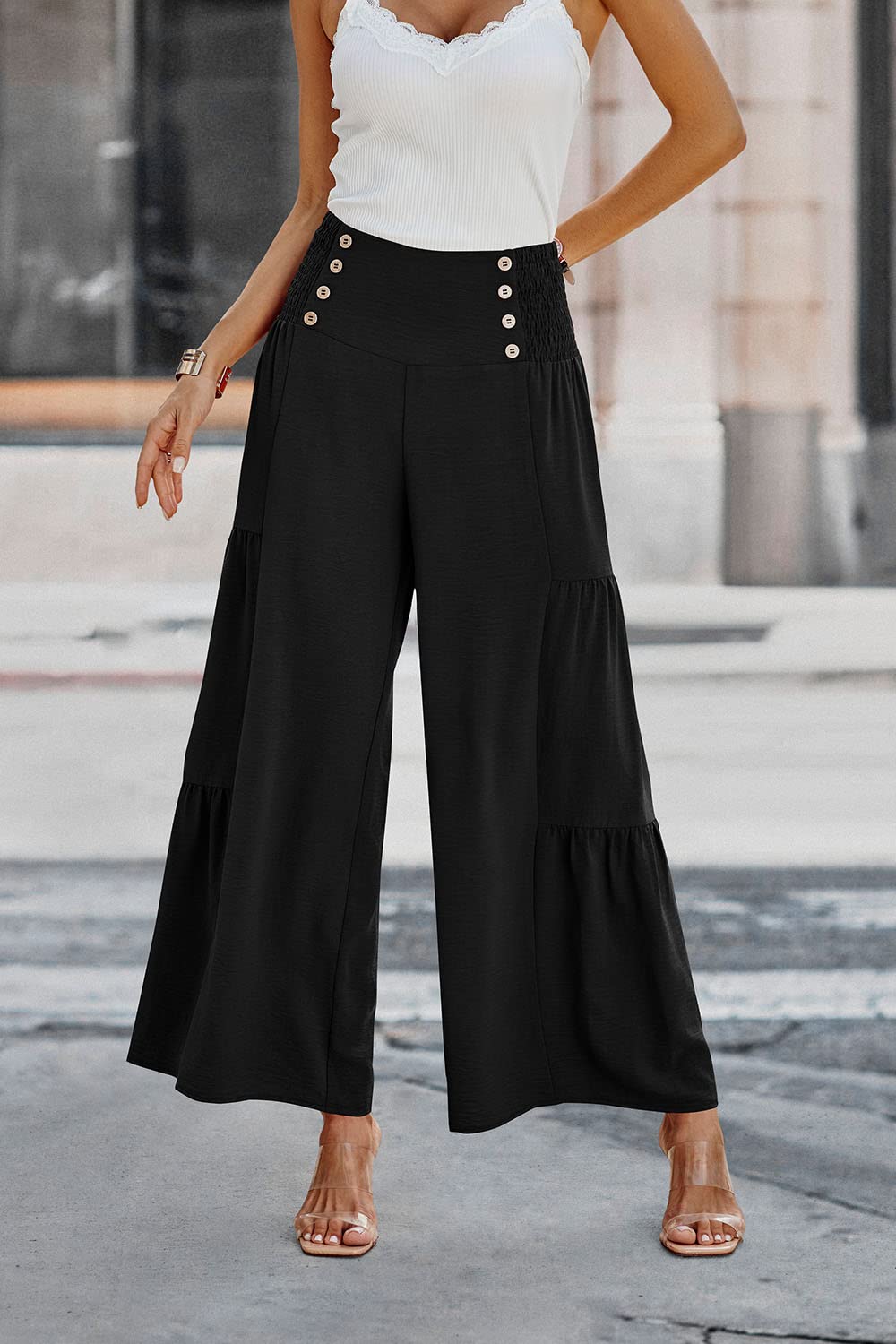 PRETTYGARDEN Women's Casual Long Palazzo Pants Elastic High Waist Wide Leg Loose Lounge Trousers (Black,Medium)