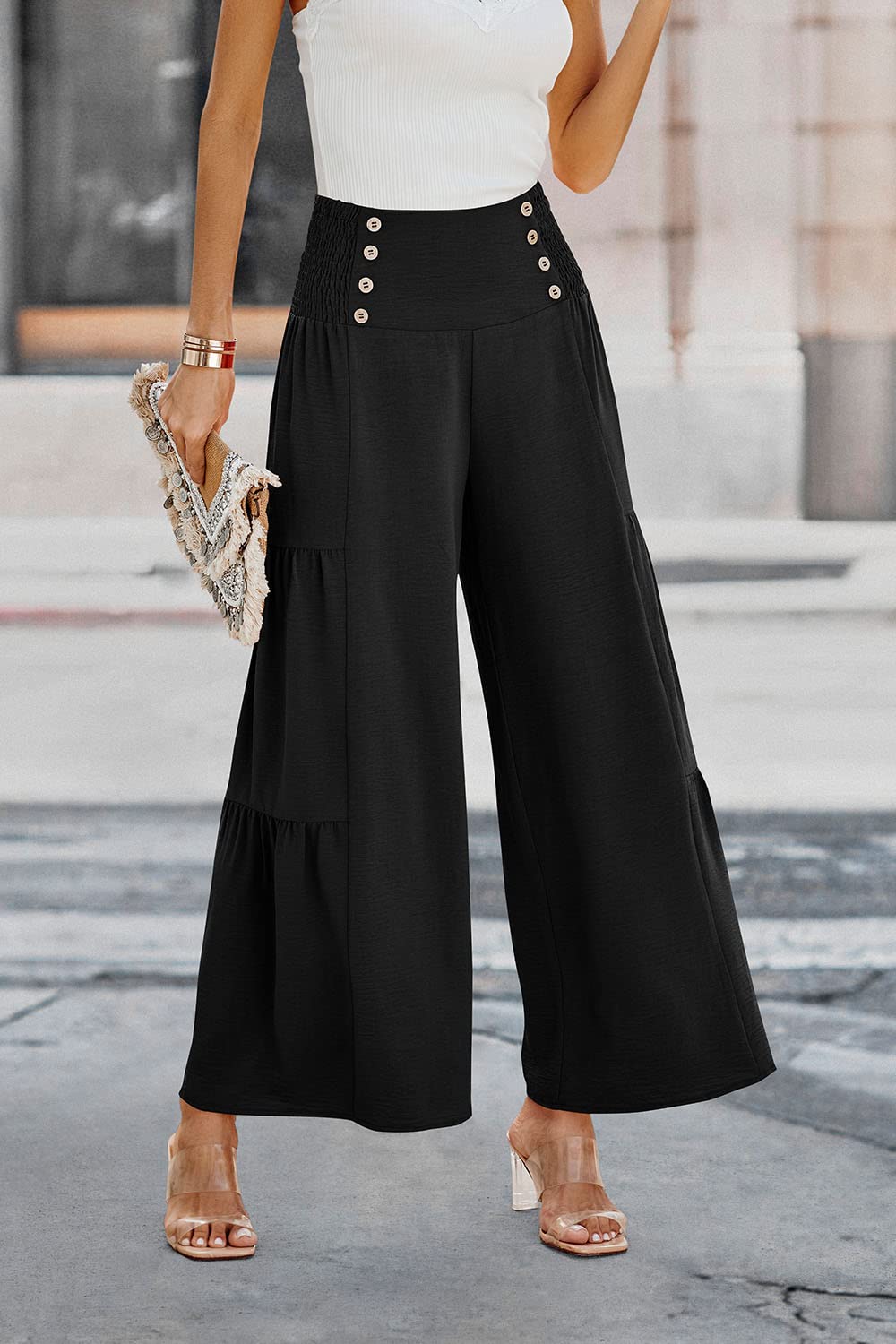 PRETTYGARDEN Women's Casual Long Palazzo Pants Elastic High Waist Wide Leg Loose Lounge Trousers (Black,Medium)