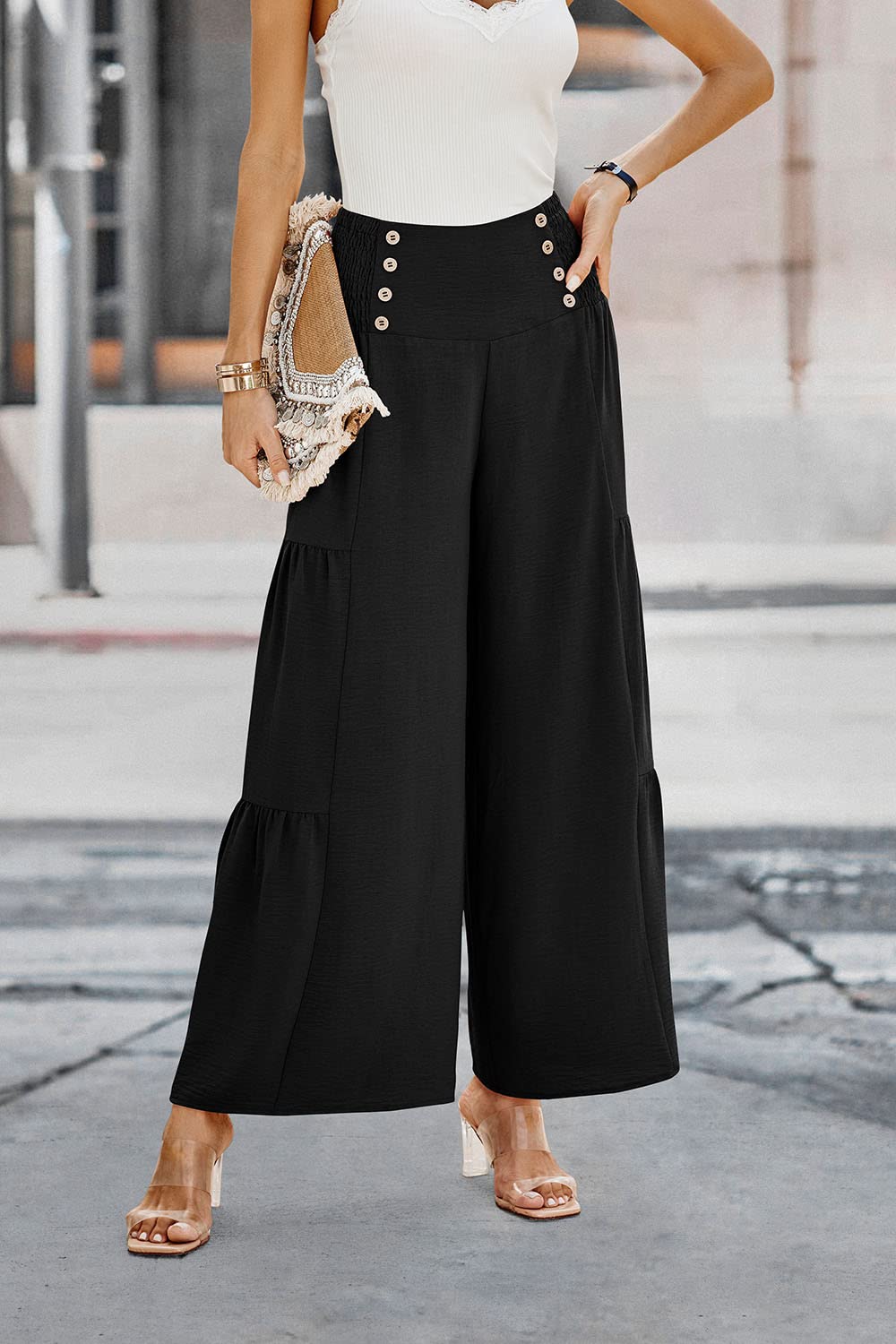 PRETTYGARDEN Women's Casual Long Palazzo Pants Elastic High Waist Wide Leg Loose Lounge Trousers (Black,Medium)