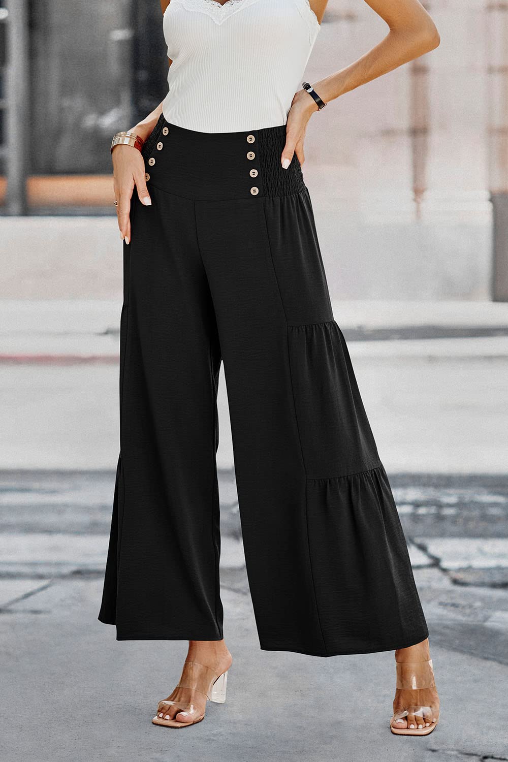 PRETTYGARDEN Women's Casual Long Palazzo Pants Elastic High Waist Wide Leg Loose Lounge Trousers (Black,Medium)
