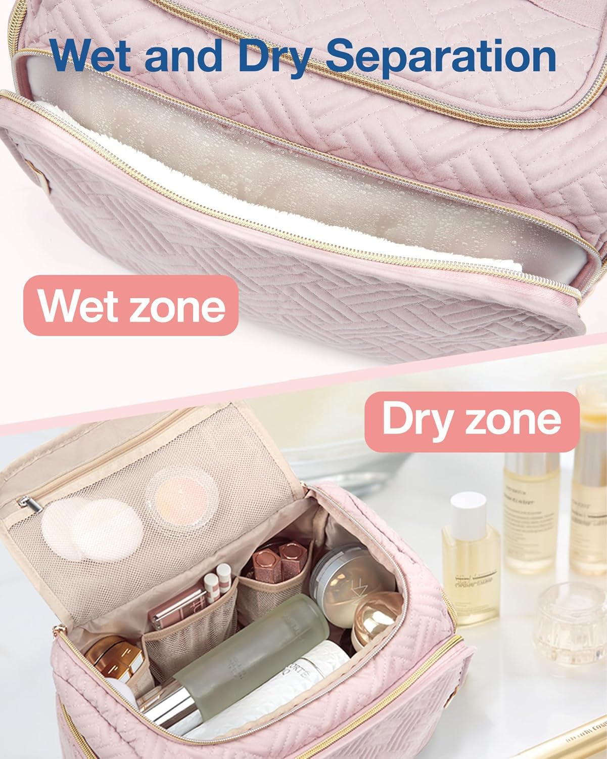 BAGSMART Travel Toiletry Bag, Large Wide-open Makeup Cosmetic Travel Bag for Toiletries with Handle, Pink-L