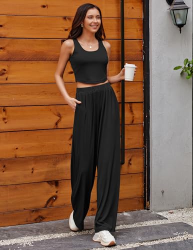 Ekouaer Women's Pajamas 2 Piece Lounge Set Ribbed Knit Loungewear Sleeveless Tank Top Wide Leg Pants,Black,S