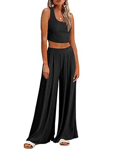 Ekouaer Women's Pajamas 2 Piece Lounge Set Ribbed Knit Loungewear Sleeveless Tank Top Wide Leg Pants,Black,S