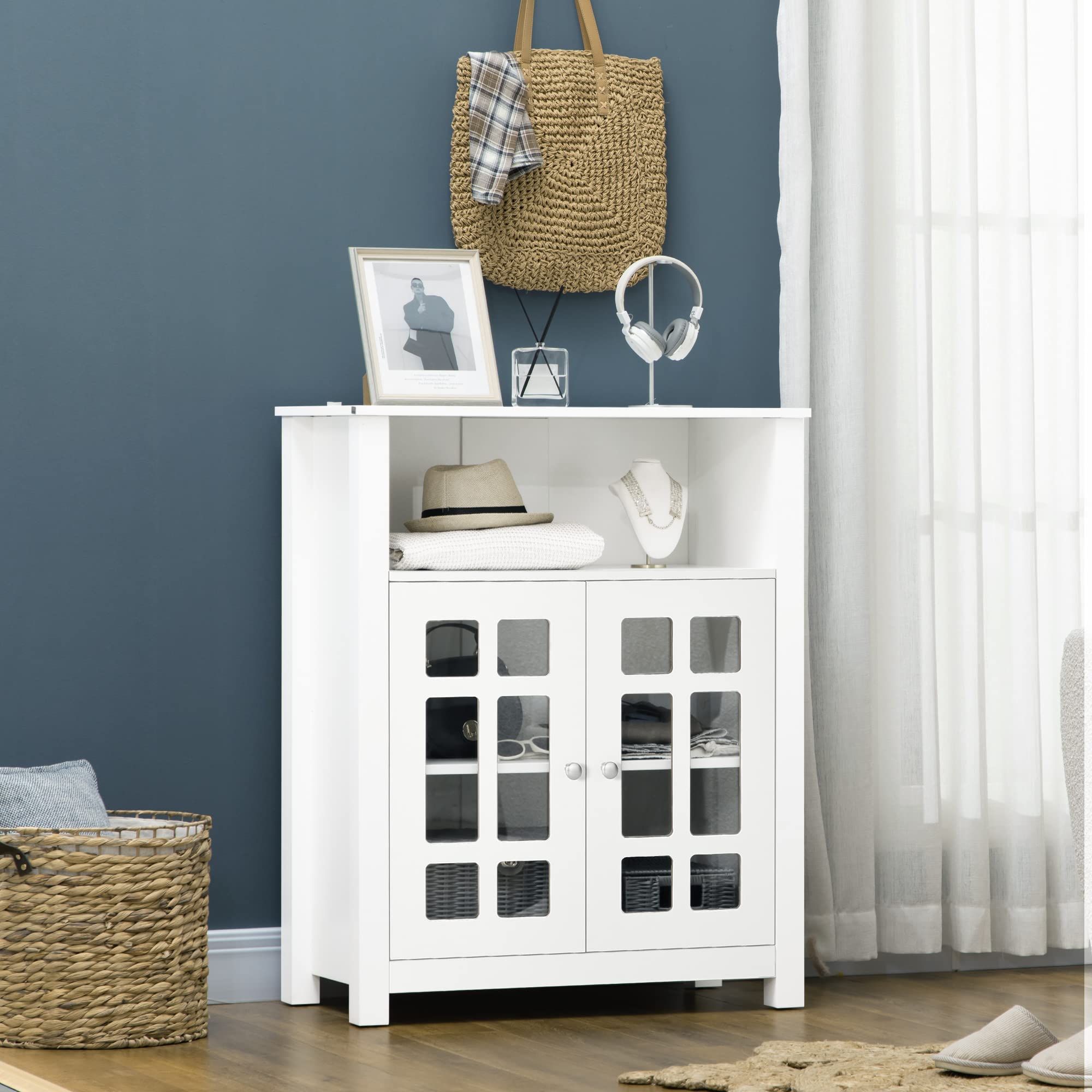 HOMCOM Buffet Cabinet, Kitchen Storage Cabinet, Sideboard with Double Glass Doors for Living Room, White