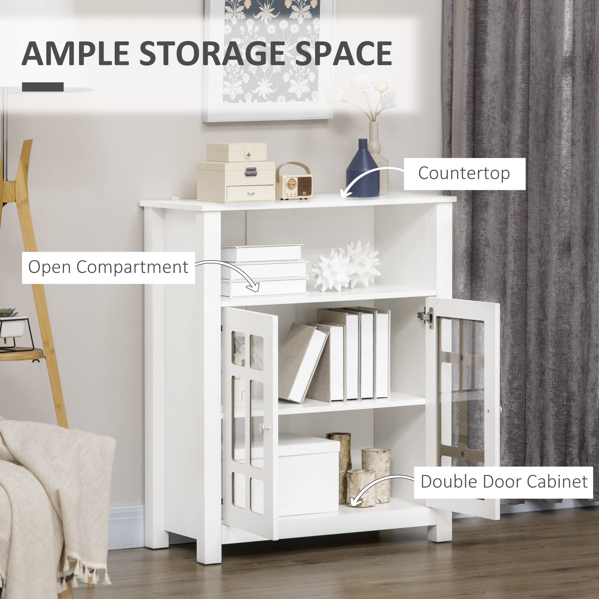 HOMCOM Buffet Cabinet, Kitchen Storage Cabinet, Sideboard with Double Glass Doors for Living Room, White