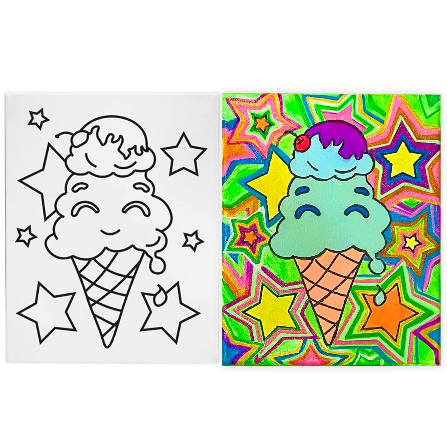 Pre Drawn Stretched Canvas Painting for Kids | Custom Theme | Birthday Gift Sweets Donut Cupcake Ice Cream Milkshake Theme | Paint party favor | DIY (8x10) (Canvas Only, Ice Cream)