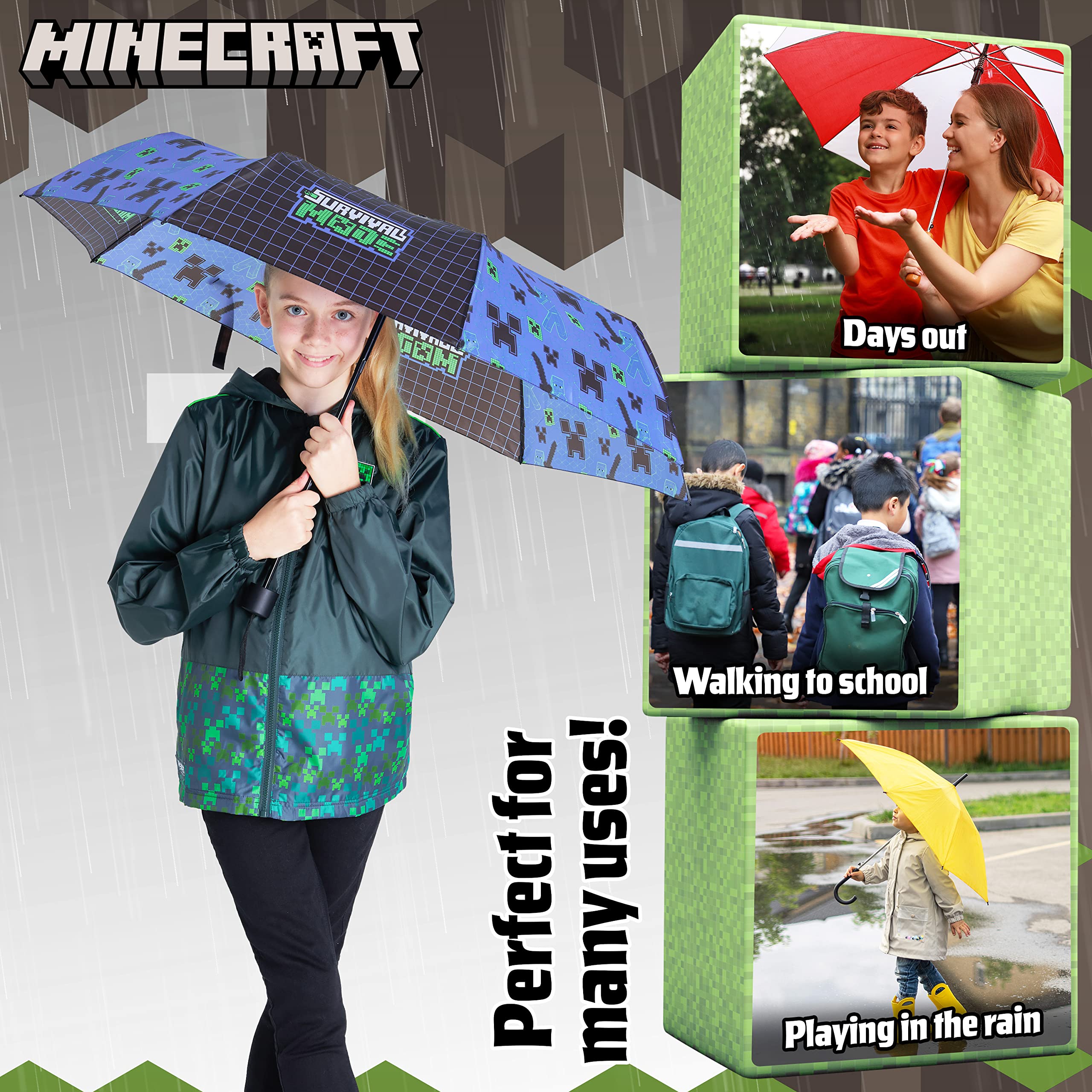 Minecraft Kids Folding Umbrellas, Durable & Compact Umbrella, Windproof Travel Umbrella for Boys and Girls (Black/Blue)