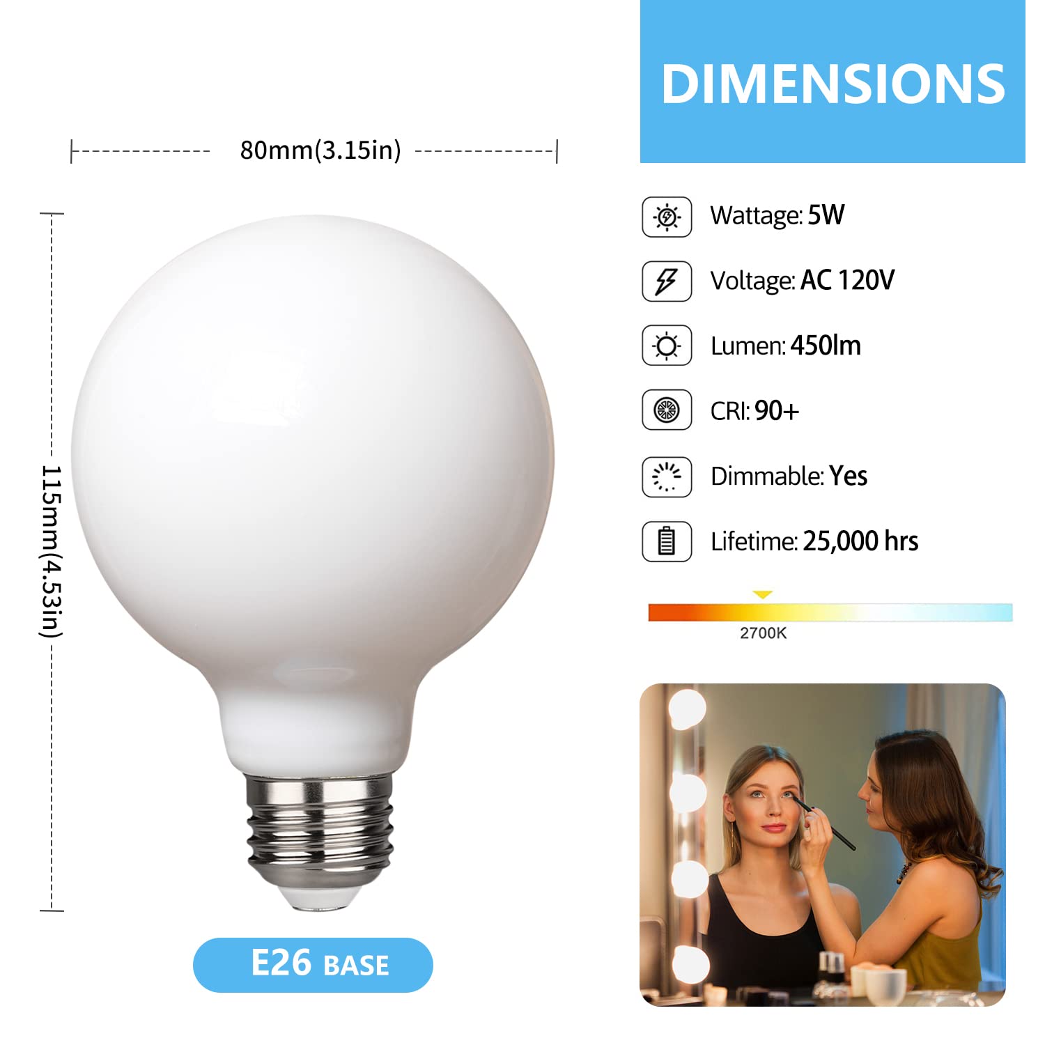 FUTIME G25/G80 LED Globe Light Bulbs, 5W LED Vintage Edison Bulb (40W Equivalent),Warm White 2700K,Dimmable Makeup Mirror Lights for Bedroom, Modern Sputnik Chandelier Light Bulbs Milky Glass 6 Pack