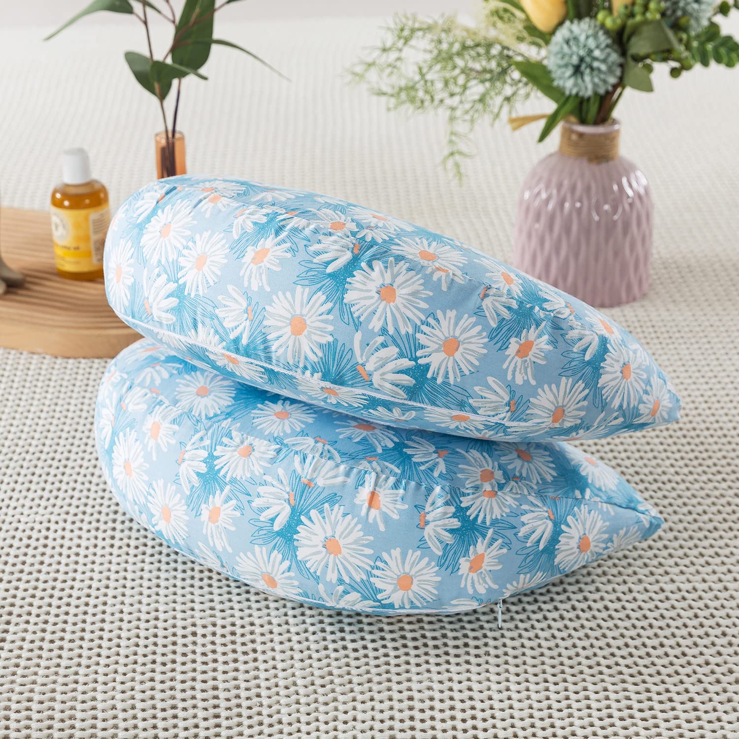 Lemfux Maternity Belly Double Wedge Pillows for Pregnant Women Sleeping, Elegant Small Adjustable Daisy Patterned Pregnancy Pillow for Back Support, 100% Cotton, Ultra Soft, for Side Sleeper