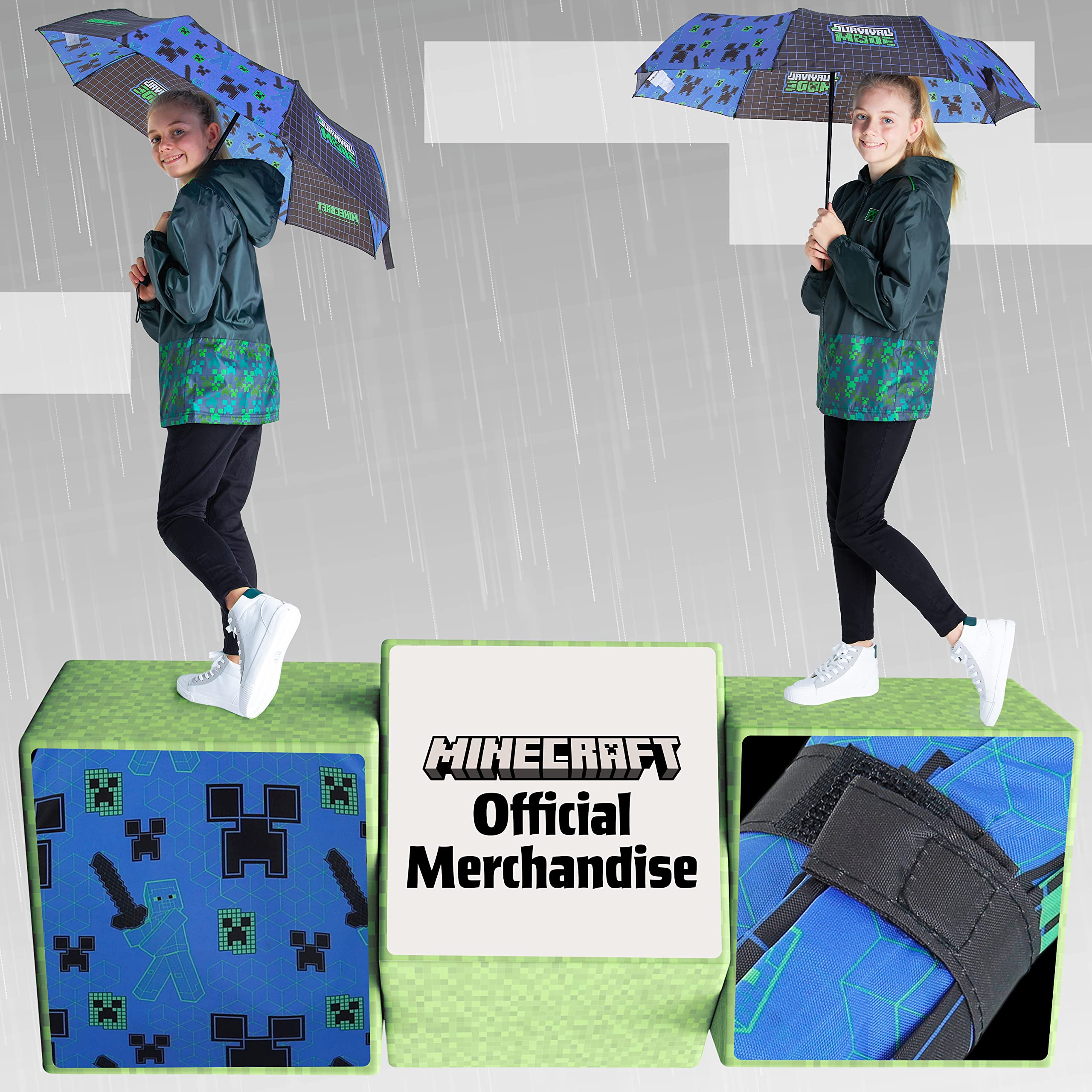 Minecraft Kids Folding Umbrellas, Durable & Compact Umbrella, Windproof Travel Umbrella for Boys and Girls (Black/Blue)