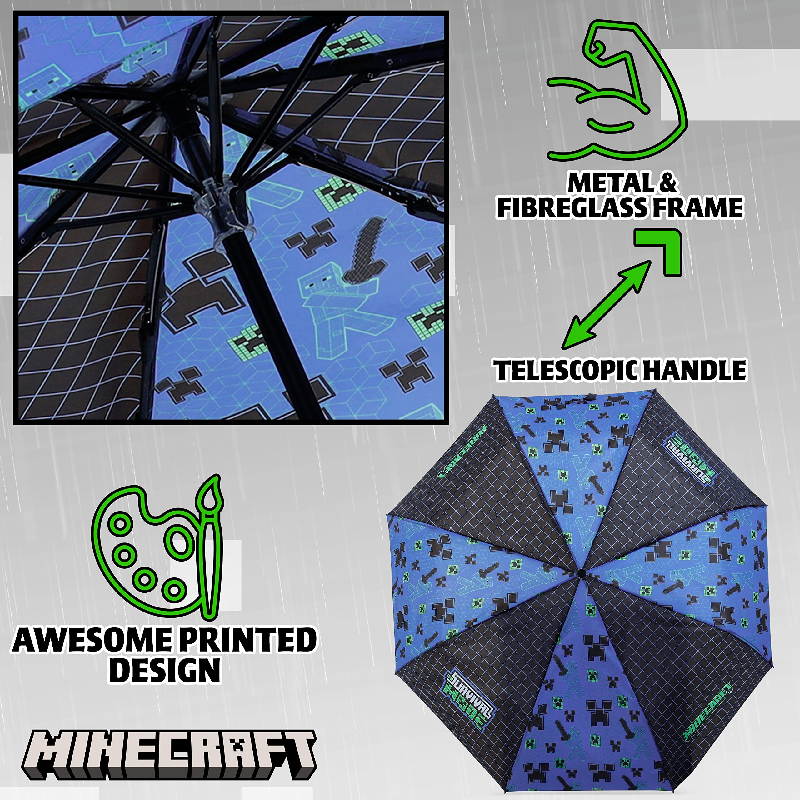 Minecraft Kids Folding Umbrellas, Durable & Compact Umbrella, Windproof Travel Umbrella for Boys and Girls (Black/Blue)